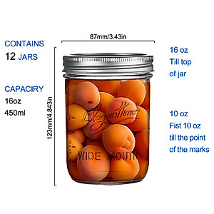 eleganttime Wide Mouth Mason Jars 16 oz,12 Pack Canning Jars with Lids,Airtight Container Glass Jars for Candles,Home Decor,Overnight Oats,Fruit Preserves,Jam or Jelly