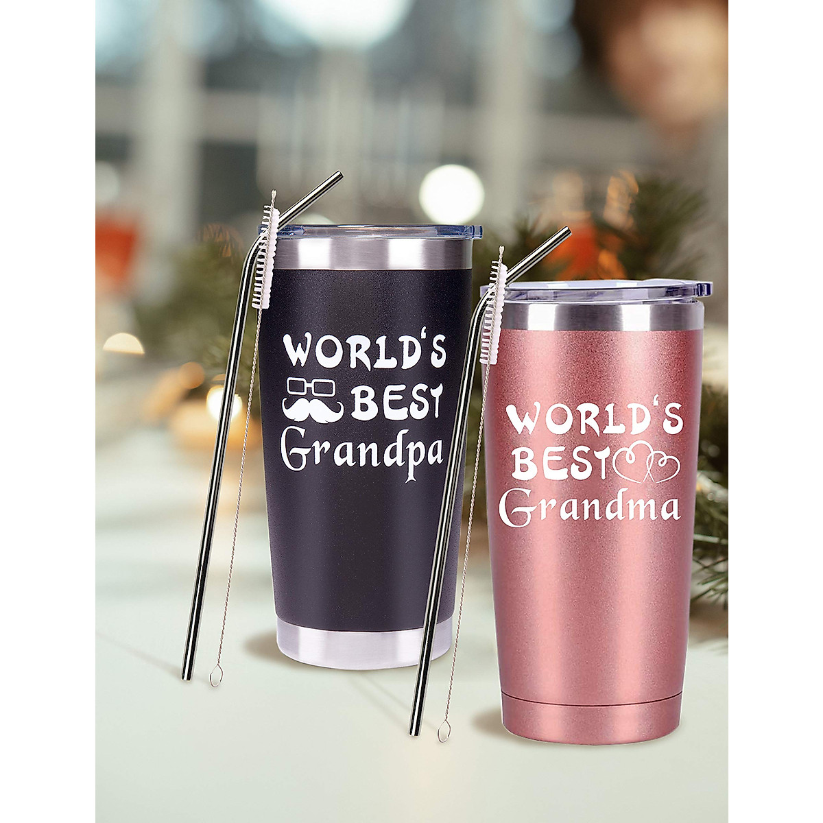 EBE EmmasbyEmma Stainless Steel Grandparents Gift Set, 20 oz Tumbler for Grandma & Grandpa, Rose Gold & Black, Includes Straw & Brush