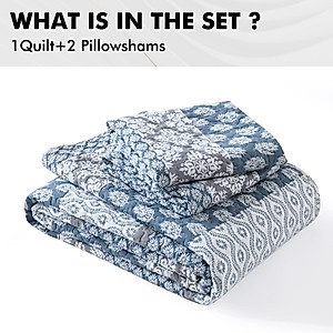 PERHOM Blue Quilt Queen Size - Queen Quilt Set, 100% Long-Staple Cotton Floral Quilt Bedding Set Bedspreads, Patchwork Reversible Lightweight Comforter Bed Spread for All Season, Blue/Gray, 3 Pieces