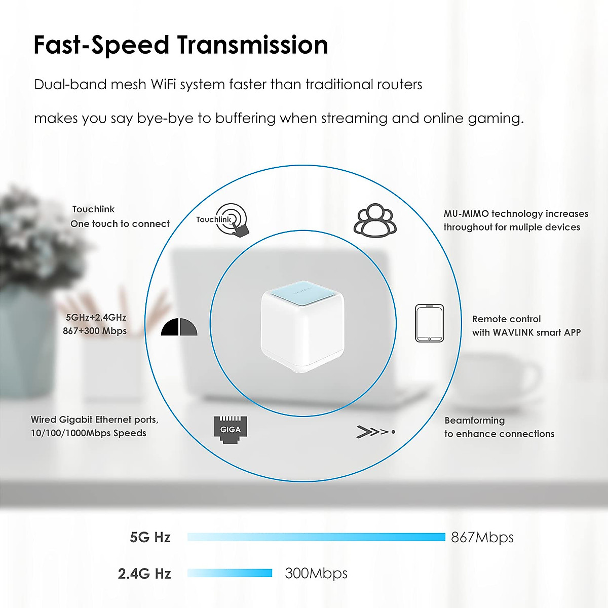 WAVLINK Mesh WiFi System, AC1200 Dual Band Mesh WiFi Router, Full Gigabit, MU-MIMO,Wave 2,Replaces Router and Extender, 2.4GHz/300Mbps+5GHz/867Mbps, Guest WiFi
