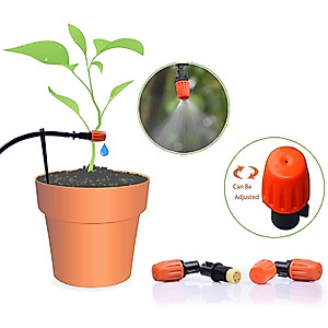 MSDADA Garden 50Ft Automatic Drip Irrigation Kits, 1/4" Blank Distribution Plant Watering Irrigation Kit Accessories Include Adjustable Nozzles, Cooling Irrigation System for Garden (Red)