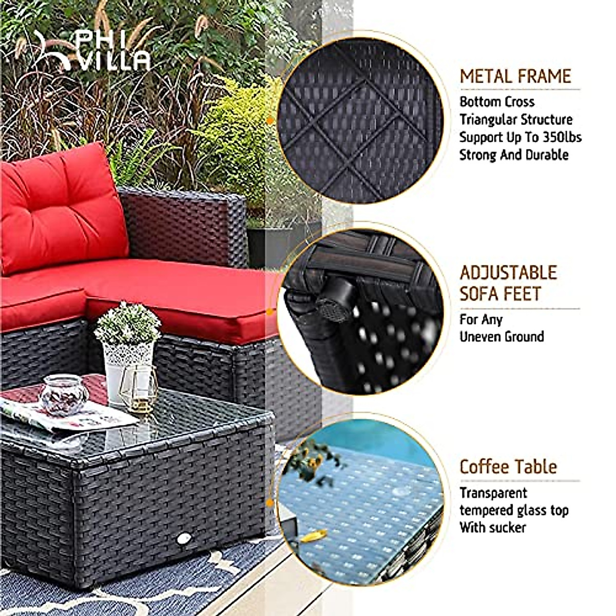 PHI VILLA Patio Sectional Clearance Manual Weaving Wicker Small L-Shaped Outdoor Furniture Sofa Set with Upgrade Rattan (3 Piece,Red)