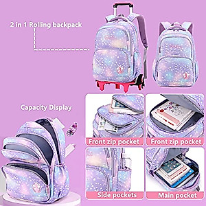 LANSHIYA 3Pcs Rolling Backpack for Girls Dream Princess Wind Bookbag with Wheels Travel Bag Trolley School Bag with Lunch Box Blue