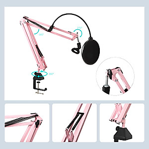 Microphone Stand, Cicano Mic Boom Arm Suspension Scissor with Shock Mount, Mic Clip Holder Upgraded Desk Clamp for Blue Yeti Snowball Ice and Other Mics Pink