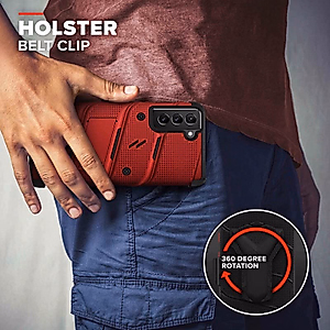 ZIZO Bolt Bundle for Galaxy S21 FE Case with Screen Protector Kickstand Holster Lanyard - Red & Black