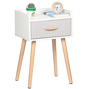 LUCKNOCK NightStand with Fabric Drawer, Bedside Table with Solid Wood Legs, Minimalist and Practical End Side Table for Bedroom, White.