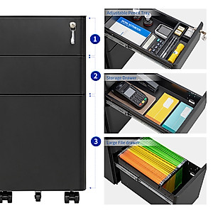 LVSTEEL 3 Drawer Slim Vertical File Cabinet with Lock, Under Desk Metal Filing Cabinet for Home Office fits Legal/Letter/A4 File, Fully Assembled Except Wheels, Black