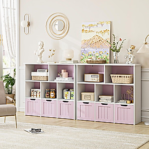 FOTOSOK Toy Storage Organizer with 3 Movable Drawers, Floor Storage Cabinet Toy Chest with Hidden Wheels and 5 Storage Cubbies, Multifunctional Storage Chest for Living Room, Home Office, Pink