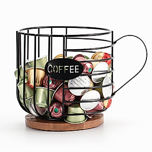 Panalo Rustic Coffee Pod Holder - Large Capacity Black Wire K cup Storage with Wooden Lid - Round Coffee Basket Decor for Kitchen Countertop for Pods & Espresso Capsules (Cup shape)