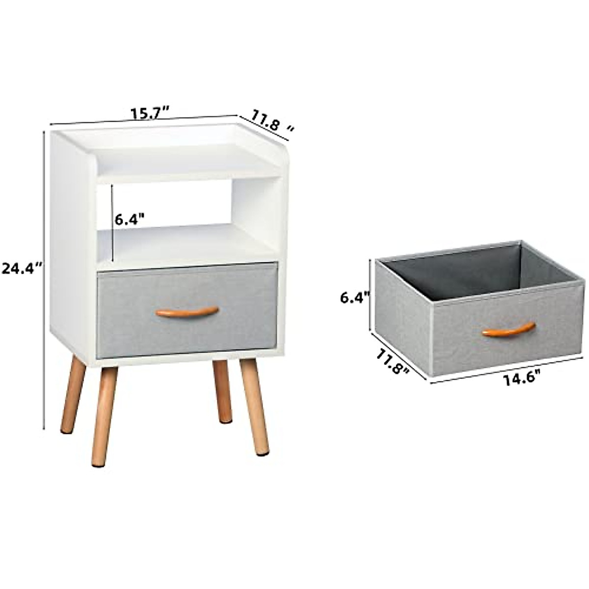 LUCKNOCK NightStand with Fabric Drawer, Bedside Table with Solid Wood Legs, Minimalist and Practical End Side Table with Open Storage Shelf for Bedroom, White.