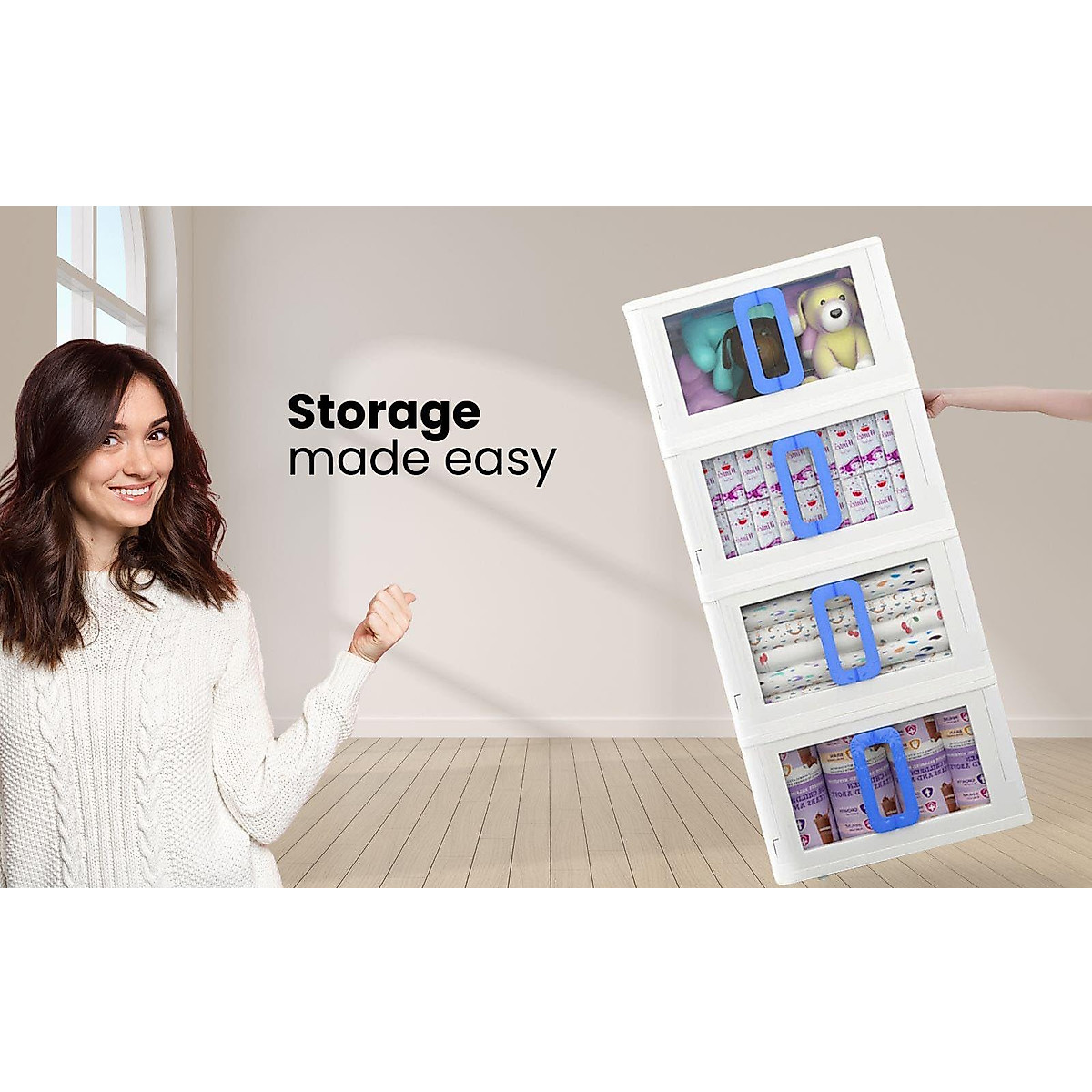 MONAS 31L Folding Strong bearing capacity Storage Bins with leads, Wheels and Collapsible plastic Storage bins for Homes, clothes and office, Stackable stable, 3 pack