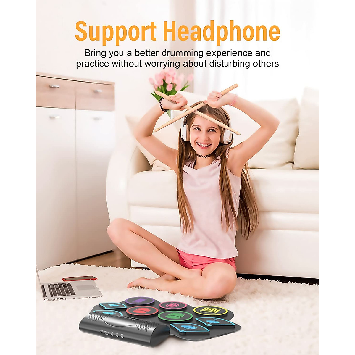 9 Pads Electronic Drum Set, 19×13 Inch Roll-Up Drum Portable Drum Pad Kit With MIDI Education Function, Built-in Speaker, Supports headphone/Bluetooth, Great Holiday Birthday Gift for Kids – Colorful