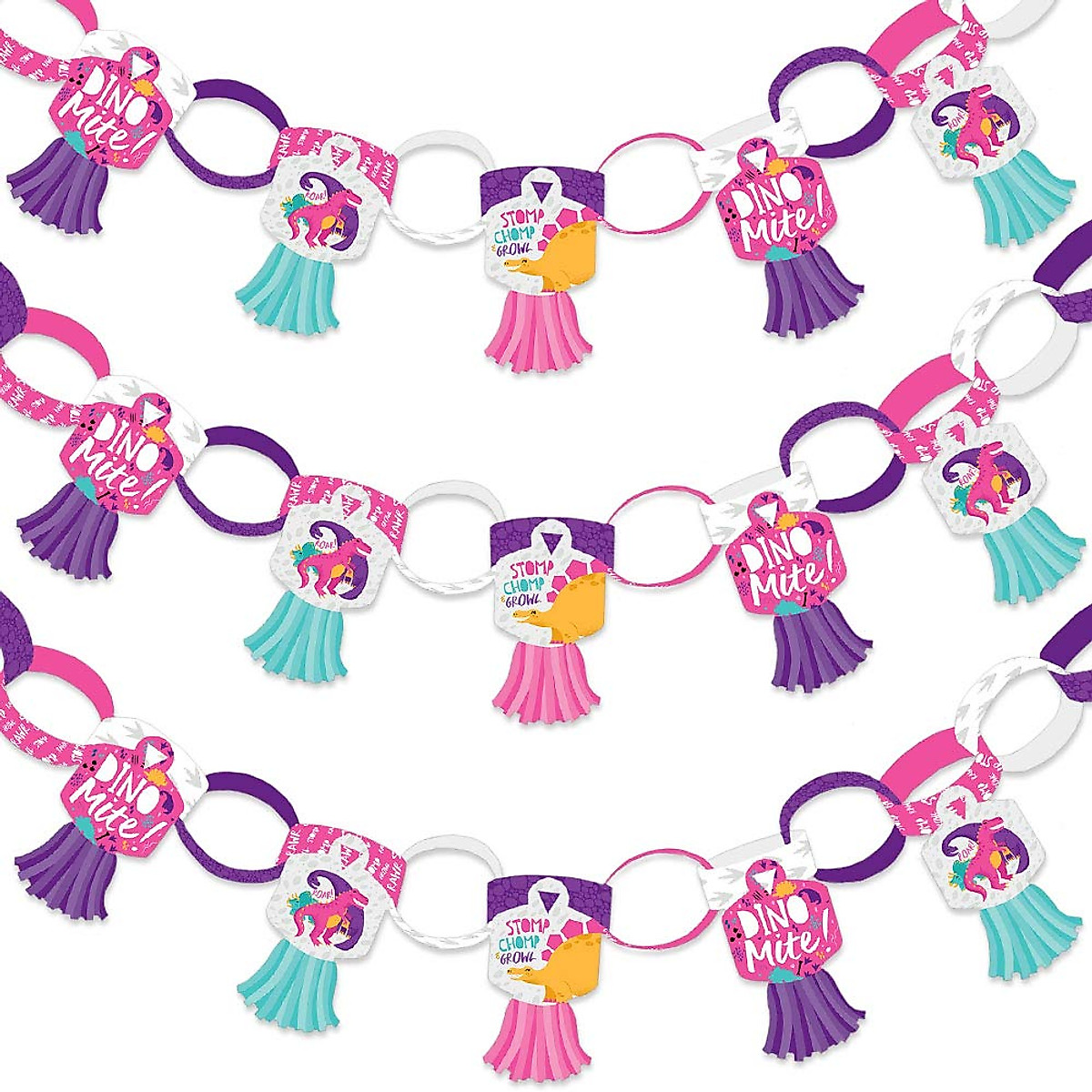 Big Dot of Happiness Roar Dinosaur Girl - 90 Chain Links and 30 Paper Tassels Decoration Kit - Dino Mite Trex Baby Shower or Birthday Party Paper Chains Garland - 21 feet