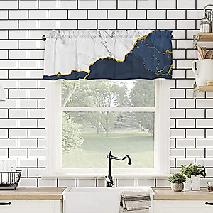 Vograud Valances for Windows, Abstract White and Navy Blue Marble with Gold Line Rod Pocket Kitchen Curtains Valances, Short Window Valances for Living Room Bathroom 42” x 18”