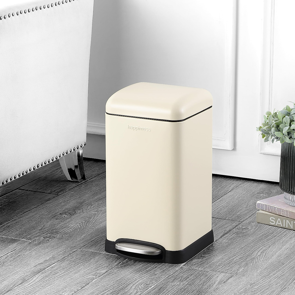 happimess HPM1012J Betty Retro Mini 3.2-Gallon Step-Open Trash Can, Fingerprint Resistant, Modern, Minimalistic for Home, Kitchen, Laundry Room, Office, Bedroom, Bathroom, Limestone Beige