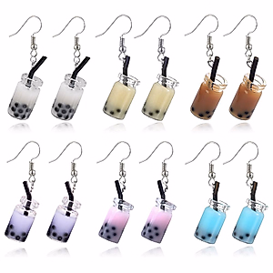 6 Pairs Creative Unique Bubble Boba Tea Dangle Earrings Funny Personality Milk Tea Drink Earring Colorful Glass Bottle Funny Earrings for Women Party Jewelry Gifts (6 Color)