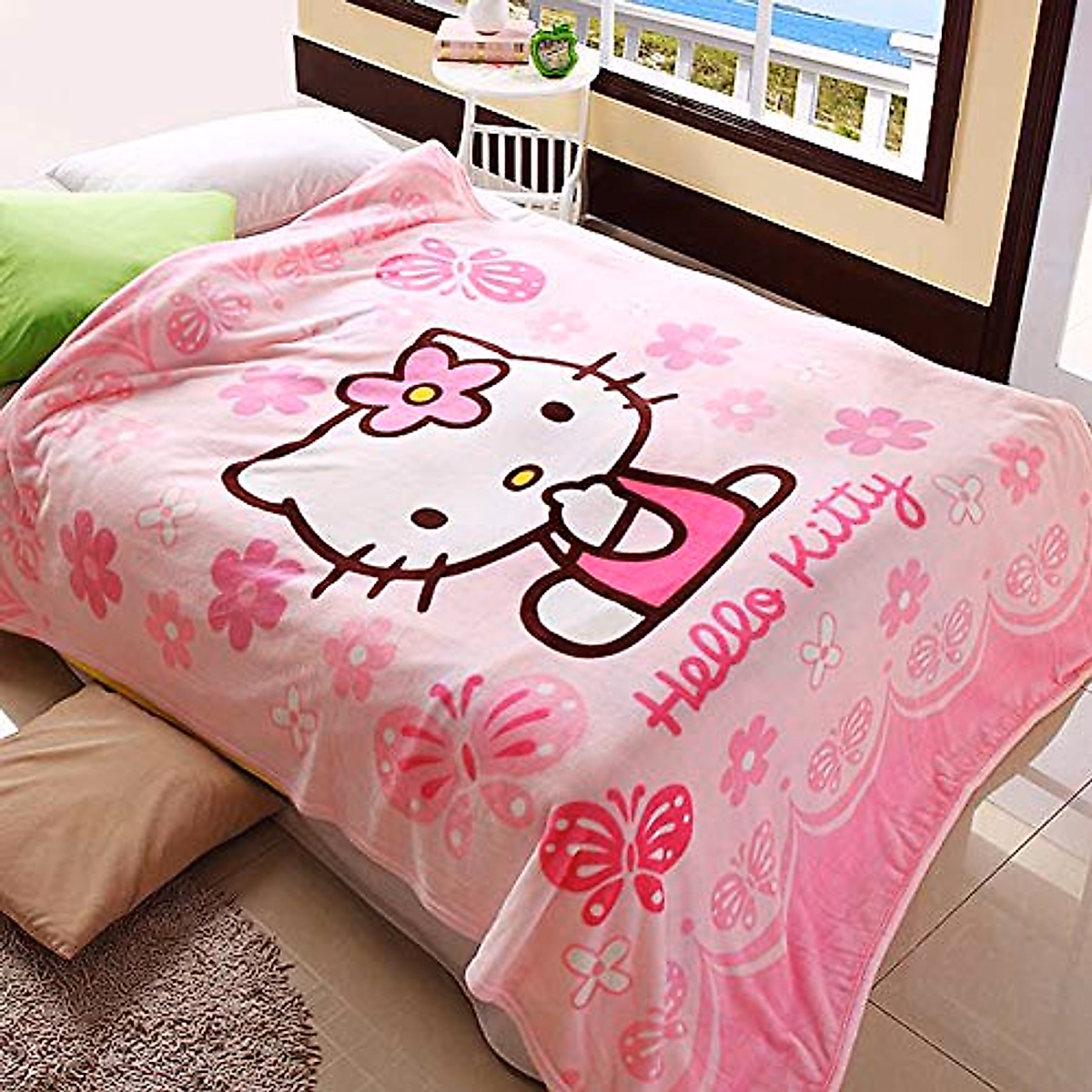 HOLY HOME Pink Flowers and Butterfly Flannel Fleece Toddler Throw Blanket,39"x55" Cartoon Cat