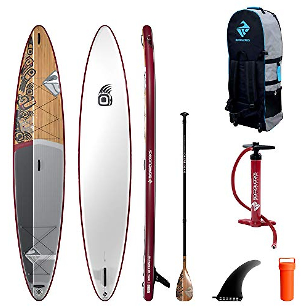Boardworks SHUBU Great Bear | Touring All Water Inflatable Stand Up Paddleboard | SUP Package Includes Pump, Three Piece Paddle and Roller Bag Complete Kit | 14', Red/Grey/White