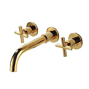 Wall Mount Bathroom Faucet,Double Handle Wall Mount Brass Basin Mixer,360 Degree Rotating Nozzle,1/2 Standard Thread,Bathroom Faucet,Gold (Color : Gold)