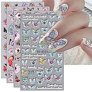 JMEOWIO 3D Embossed Spring Butterfly Flower Nail Art Stickers Decals Self-Adhesive Pegatinas Uñas 5D Colorful Nail Supplies Nail Art Design Decoration Accessories 4 Sheets