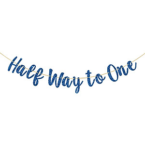 Halodete Half Way to One Banner, Baby 6 Months Banner, Baby Shower, Half 1/2 Birthday Party Garland Bunting Decorations - Blue Glitter