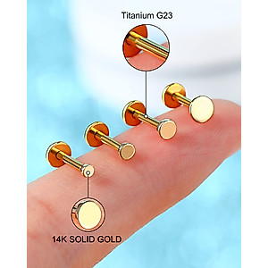 Melighting 14K Gold Threadless Earrings 16G Gold Flat Back Earrings Tiny Flat Disc Threadless Push in Labret Stud Gold Tragus Piercing Jewelry for Women Conch Helix Stud