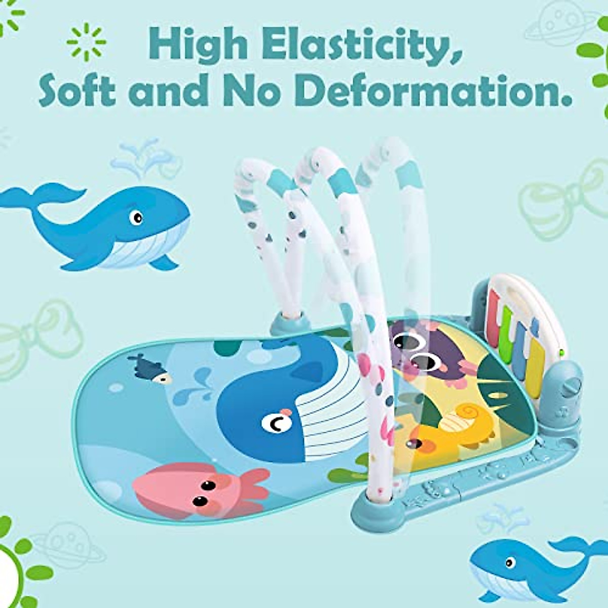 Nutsball Baby Gym Play Mat, Kick and Play Piano Gym Mat with Music and Lights, Tummy Time Musical Activity Center for Infants Toddlers (Ocean World Blue)