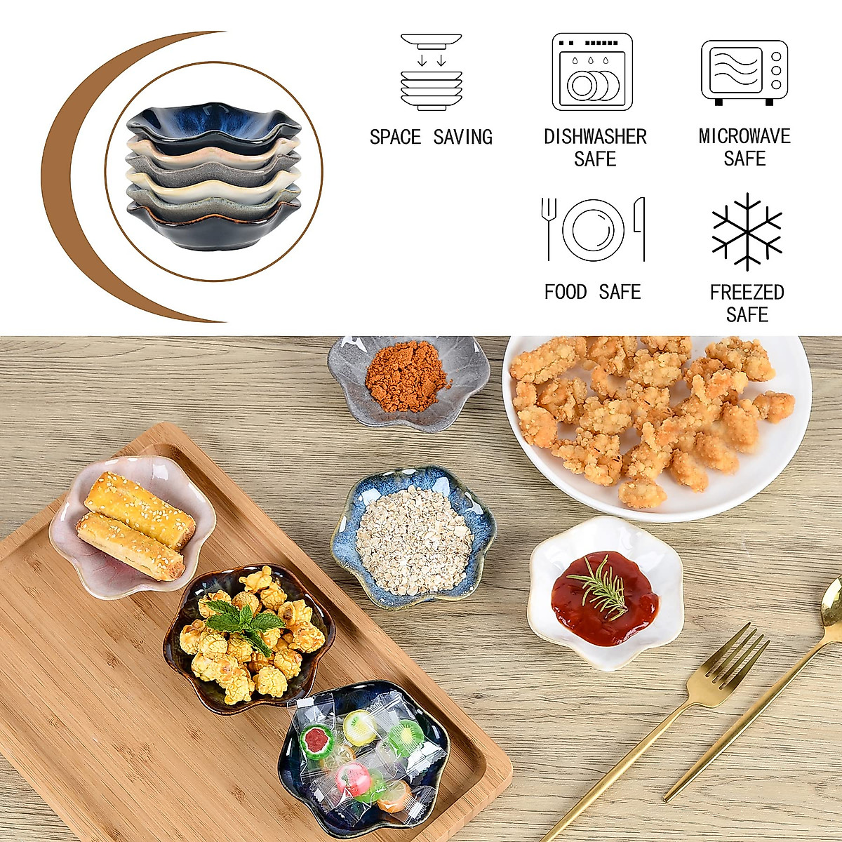 Dipping Bowls Set of 6, Ceramic Soy Sauce Dish, Flower Dipping Sauce Bowls, Pinch Bowls, Special Reactive Glazed Small Condiment Finger Bowls for Dip Sushi Soy Sauce Cup Dish