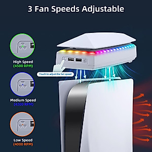 Mcbazel Upper RGB Cooling Fan for PS5, Top Cooling System Cooler Fan with RGB Light, 3 Speed Adjustable Fan, Dual USB 2.0 Port for PS5 Console - White (NOT for PS5 Slim)