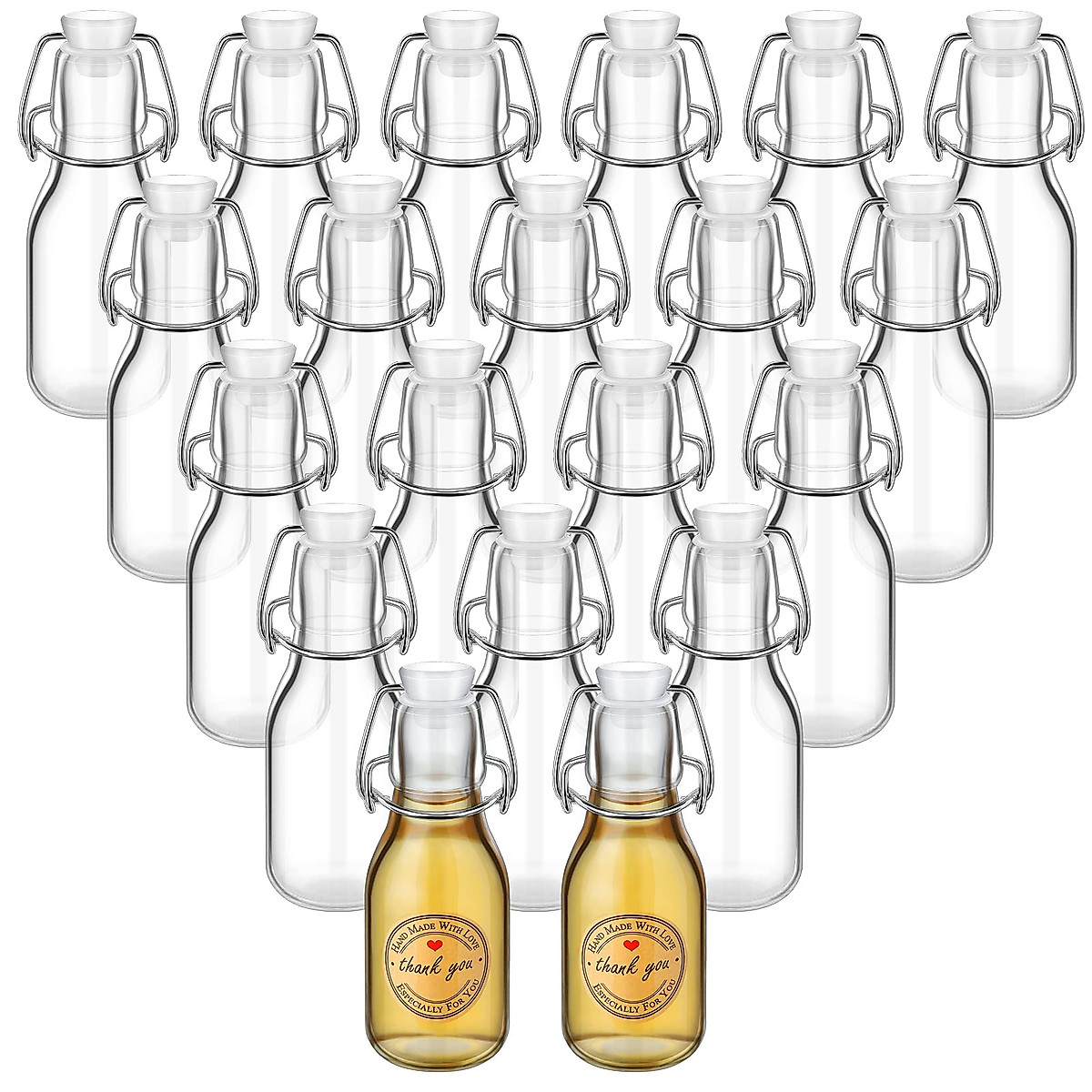 Queekay 20 PCS Mini Flip Top Glass Bottle with Stoppers Decorative Swing Top Bottles Small Glass Bottles with Lids Kraft Adhesive Round Stickers for Wedding Themed Party Favors(4.05 oz, 20 Pcs)