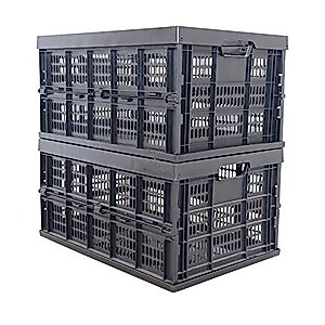 POOLWHALE 45L Collapsible Storage Bin/Container: Grated Wall Utility Basket/Tote,Black (Pack of 2)