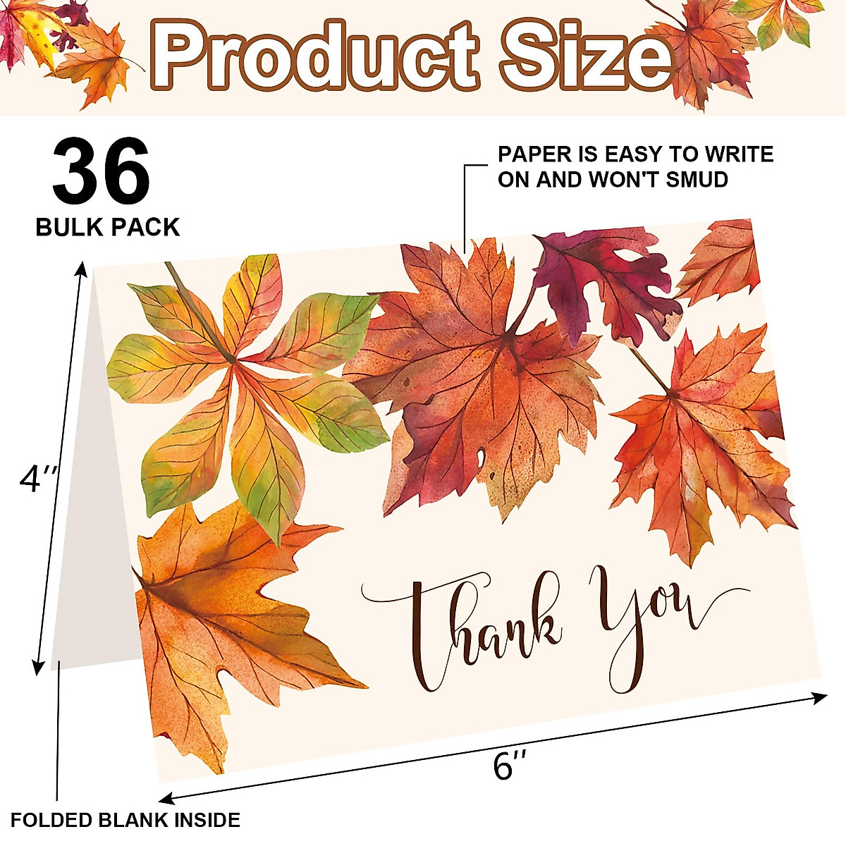 Whaline 36 Pack Fall Leaves Thank You Cards Watercolor Autumn Greeting Cards with Envelope Stickers Maple Leaf Blank Note Cards for Thanksgiving Holiday Wedding Birthday Party