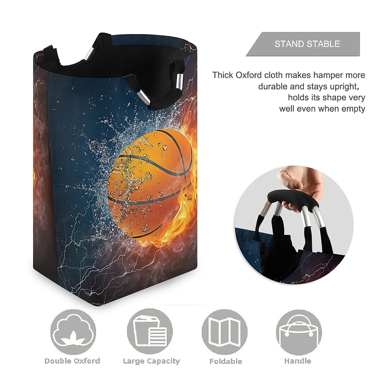 visesunny Basketball with Fire and Water Large Capacity Laundry Hamper Basket Water-Resistant Oxford Cloth Storage Baskets for Bedroom, Bathroom, Dorm, Kids Room