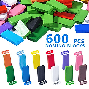 OBTANIM 600 Pcs Colorful Wooden Domino Blocks Set Domino Tile Bulk Building Racing Stacking Games Educational Toys for Kids Birthday Party Favor