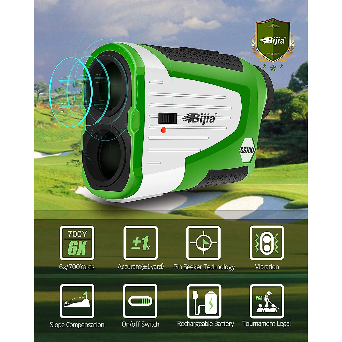 BIJIA Golf Rangefinder with Slope Switch-700Yards 6X Laser Range Finder with Slope On/Off Switch Rechargeable High Precision Flaglock/Scan/Slope/Angle/Speed/Vibration for Golfing/Tournament Legal