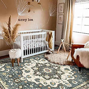 TOPRUUG Washable Oriental Area Rug - 5x8 Rugs for Living Room Soft Carpet for Bedroom Waterproof Floral Distressed Indoor Stain Resistant Non-Shedding Floor Carpets (Blue, 5x8)