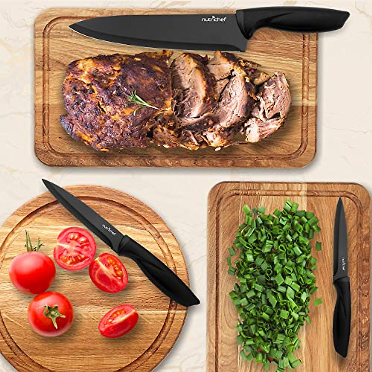 NutriChef 17 Piece Kitchen Knife Set - Stainless Steel Kitchen Precision Knives Set w/ 6 Steak Knives & Bonus Sharpener, Scissors, Peeler, Acrylic Block Stand - Slicing, Chopping, Dicing - NCKNS17