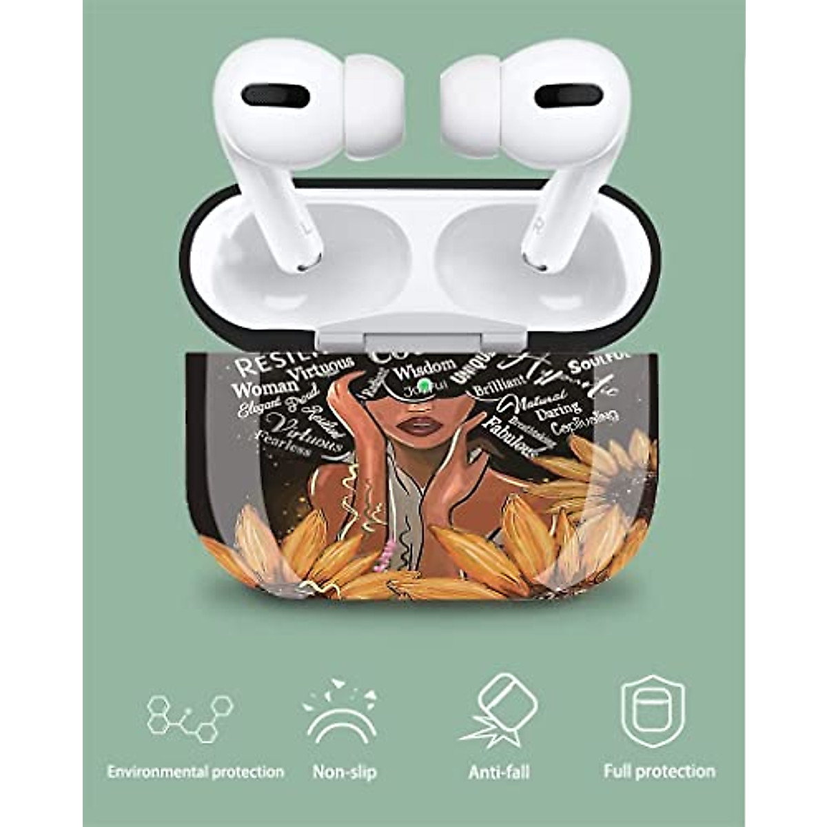 Airpods Pro Case Black Girl, OTOPO Cute Air pods Pro Accessories Protective Hard Case Cover Portable & Shockproof Women with Keychain for Airpods Pro Charging Case (Sunflower African American Women)