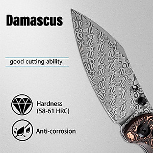 KANSEPT Nesstreet Button Lock Pocket Folding Knives for Men EDC Camping Folding Knife 3.58'' Damascus Material Pocket Folding Knife with Copper Carbon Fiber Handle Everyday Carry Folding Knife K1039F7