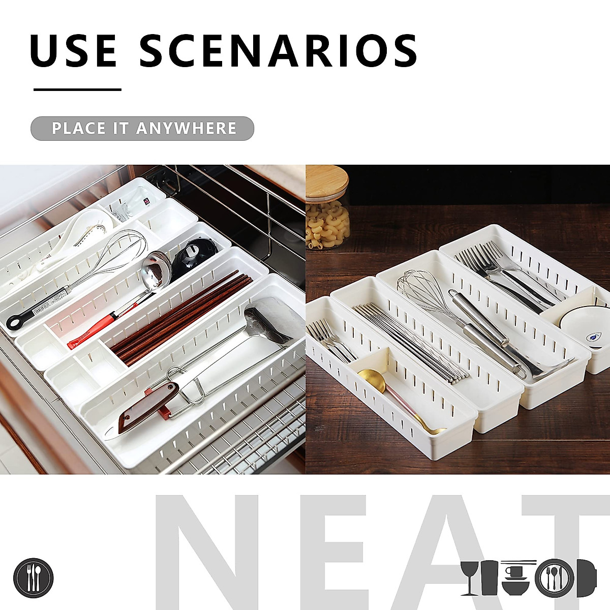 Sarajoye 4 - Piece Adjustable Flatware Cooking Utensil Organizer for Kitchen Drawers - Expandable 13 Slots Silverware Drawer Organizer Tray Holder for Organization Storage (2 Large + 2 Small, White)