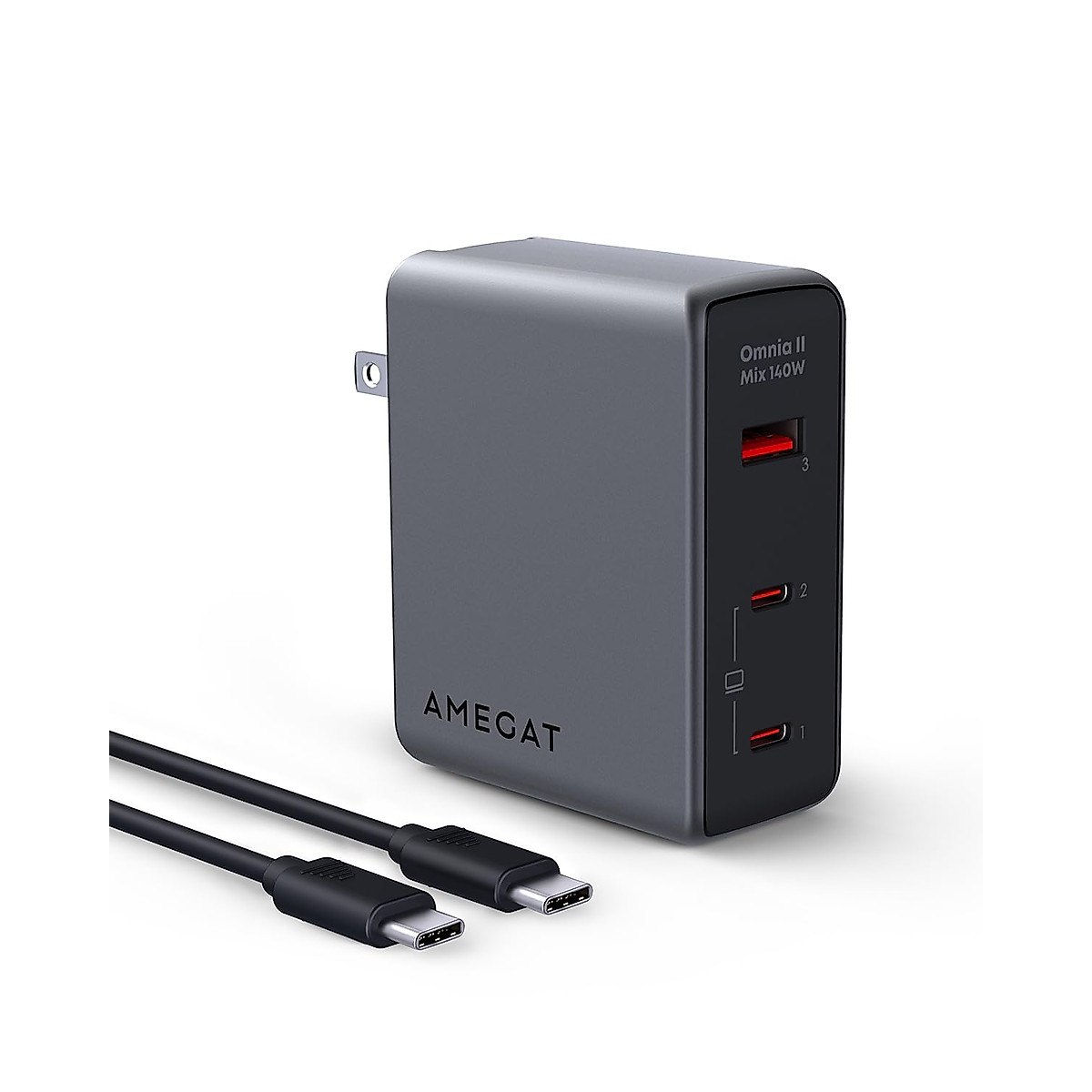 AMEGAT 140W USB C Charger, PD3.1 PPS 3-Port Fast GaN III Laptop Wall Charger, Foldable Plug Power Adapter for MacBook Pro 16'', Dell XPS, iPad Pro, iPhone 15 Pro, Galaxy, Chromebook(with 240W Cable)