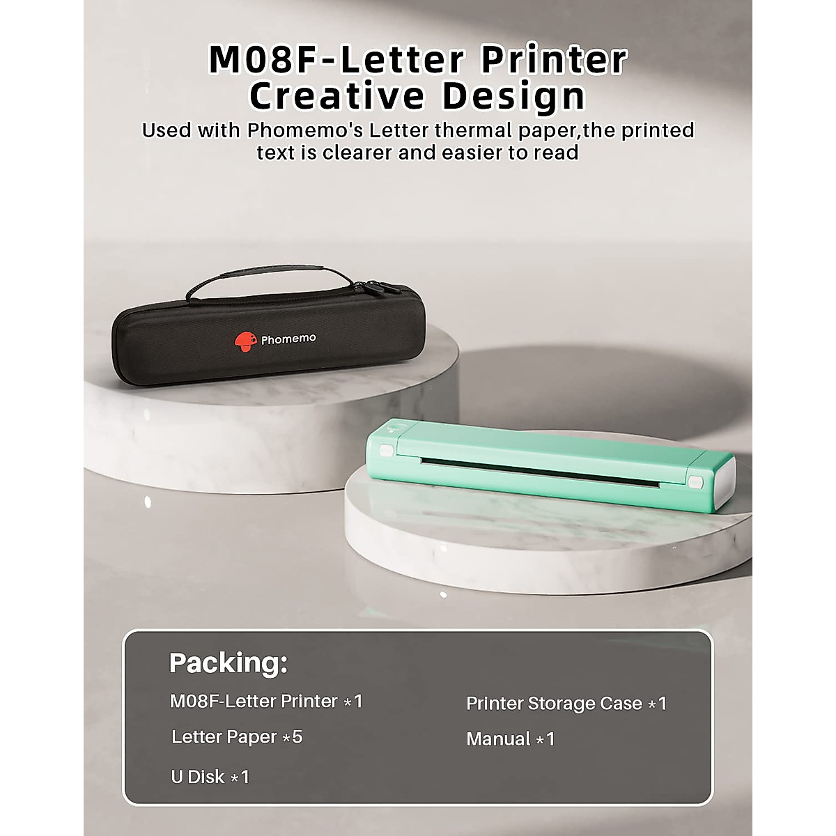 Phomemo M08F Portable Printers Wireless for Travel, Support 8.5" X 11" US Letter,Bluetooth Thermal Printer Compatible with iOS, Android, Laptop, Inkless Mobile Printer for Travel, Office, Home, Cyan