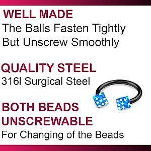 bodyjewellery 2pcs 16g 3/8 Horseshoe Ring Septum Catilage Hoop Nose Lip Conch Tragus Helix Black Anodized Steel Dice Ball - Pick Color (dark blue)