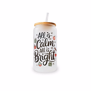 Hogg 16oz Christmas Glasses - Silent Night Design, Cute Christmas Stuff, Glass Cup with Lid and Straw, Xmas Gifts for Women