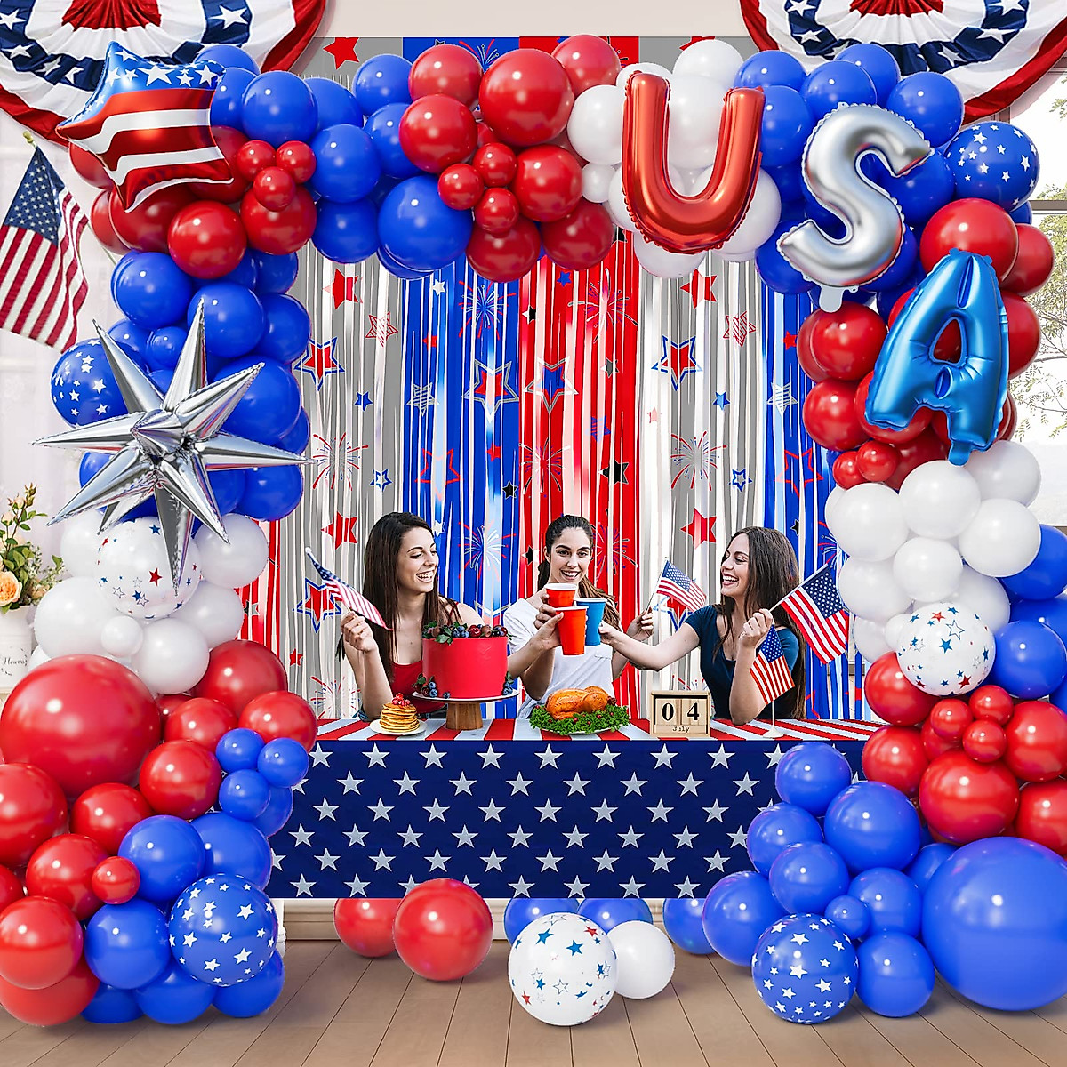 Bonropin Red White and Blue Balloons Garland Kit with Patriotic Theme Foil Fringe Curtain for Graduation Party Supplies Nautical Veterans Memorial Day 4th of July Balloon Arch Decorations