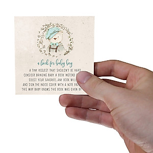Paper Clever Party Teddy Bear Bring a Book Cards for Baby Shower (25 Pack) Boys Invitation Insert for Bow Tie Parties – Rustic Greenery Theme Blue – 4x4 Printed Card Set