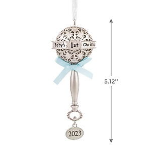 Hallmark Baby's First Christmas Silver Baby Rattle with Blue Ribbon 2023 Christmas Ornament, Premium Metal