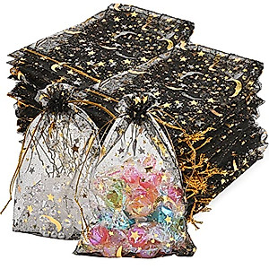 FUSHENMU 100pcs 4x6 Inch Black Organza Jewelry Gift Bag,Moon Star Drawstring Candy Bag Pouch for Wedding Baby Shower Party Gift Wrapping Supply