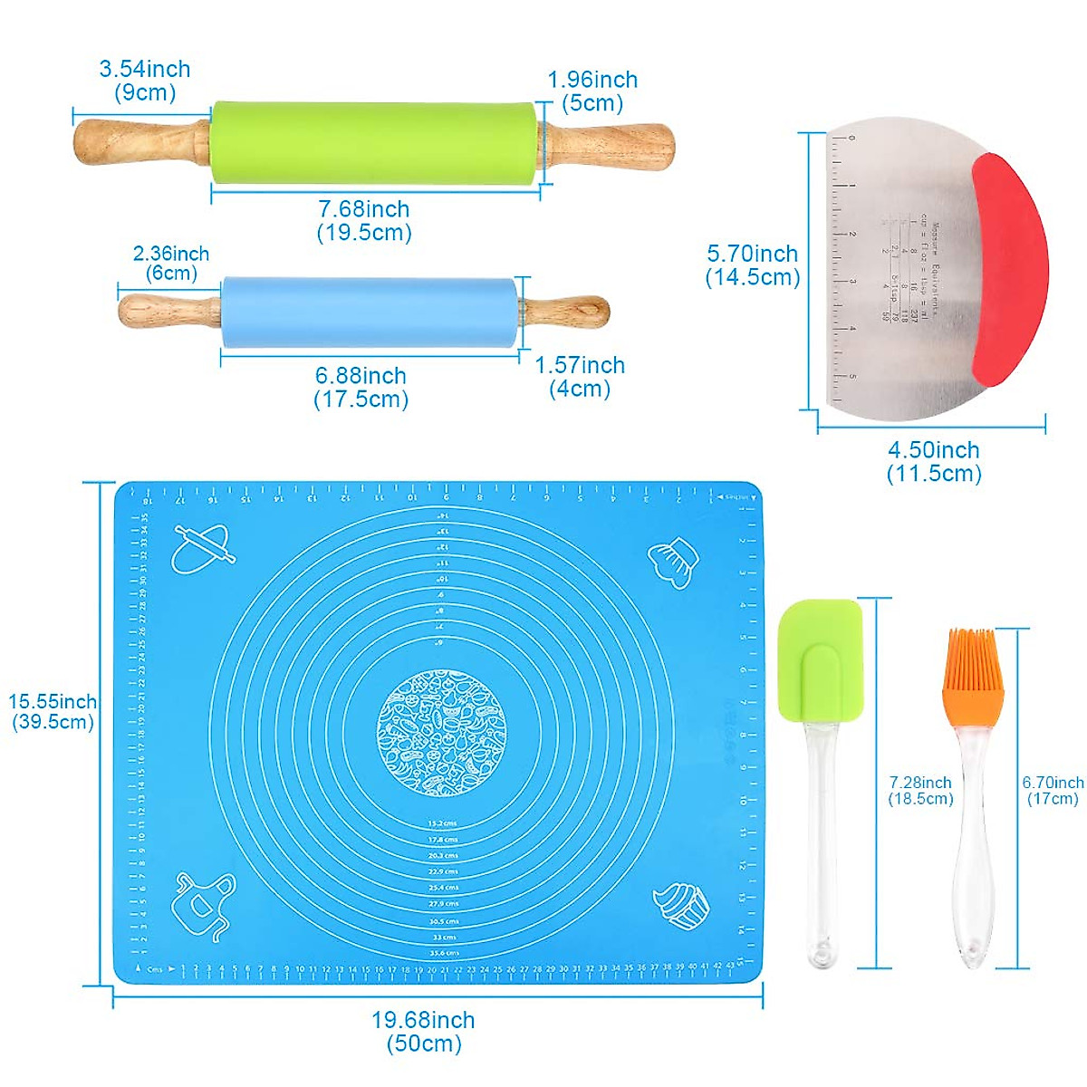 Ewinever 1Set Rolling Pin Pastry Mat Set Non-Stick 6 in 1 Dough Roller Baking Kit with Pastry Cutter Reusable Kneading Mat Scraper Basting Brush