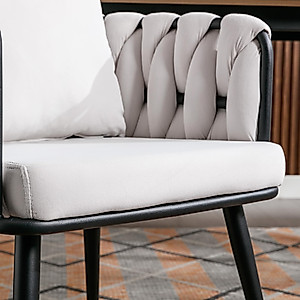 Gecheer Pure Ivory Modern Velvet Dining Chairs Set of 2 Hand Weaving Accent Chairs Living Room Chairs Upholstered Side Chair with Black Metal Legs for Dining Room Kitchen Vanity Living Room